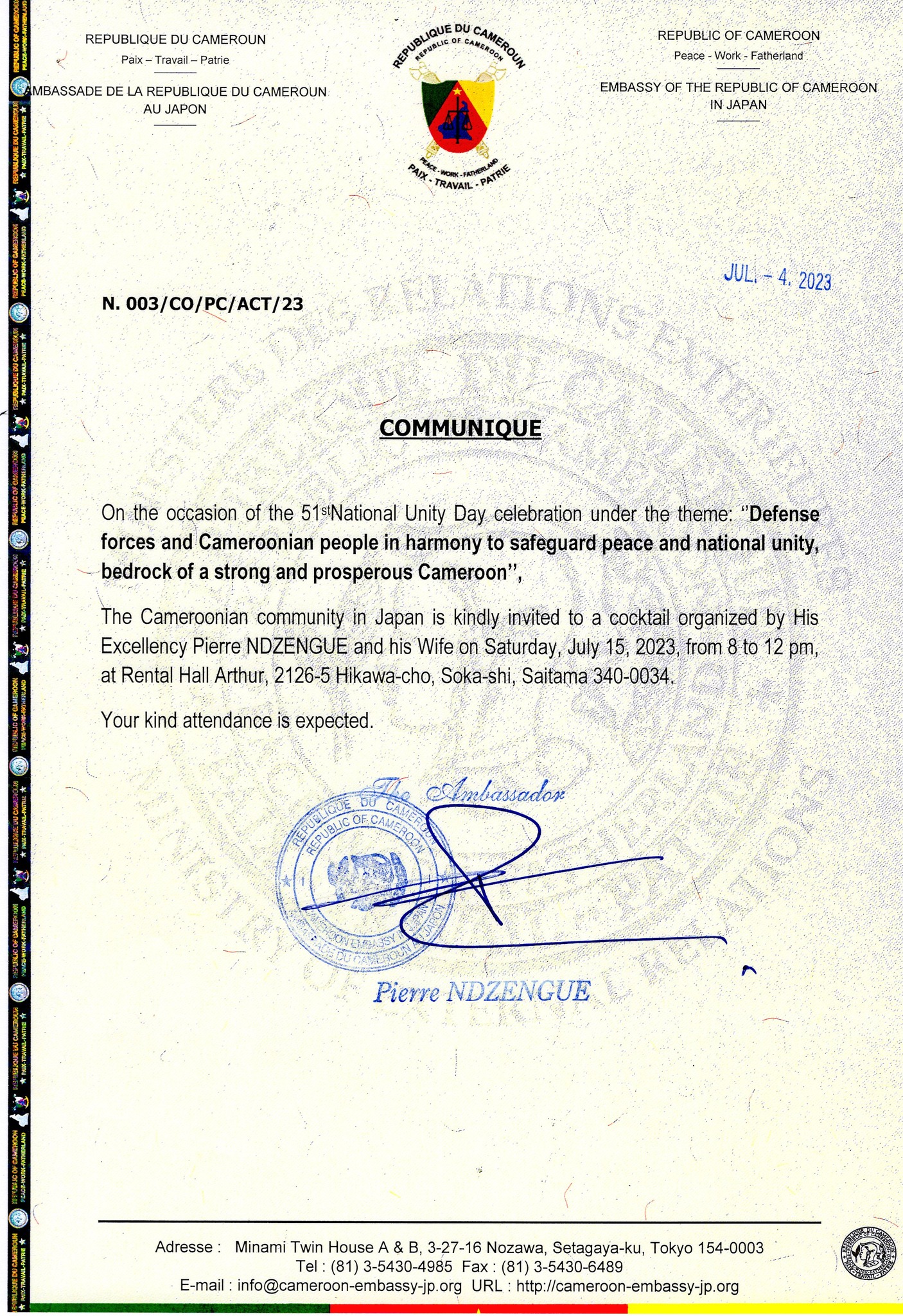 Invitation to Cameroon National Day 2023 - Embassy of Cameroon in Japan