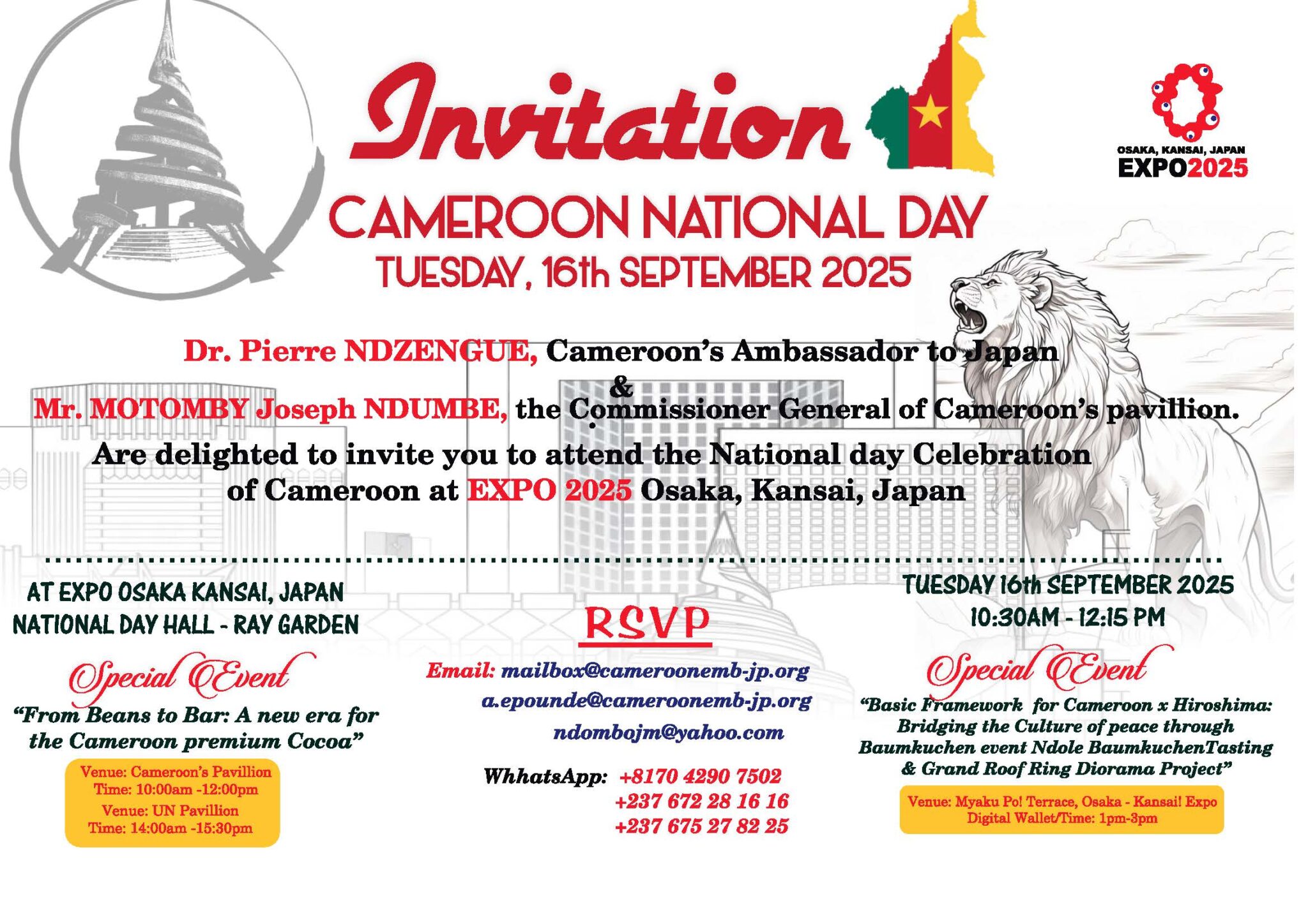 INVITATION TO THE CAMEROONIAN NATIONAL DAY AT EXPO OSAKA - Embassy of ...